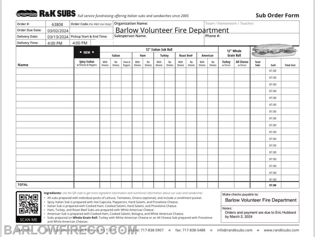 R & K Subs are back!! - Barlow Fire Department